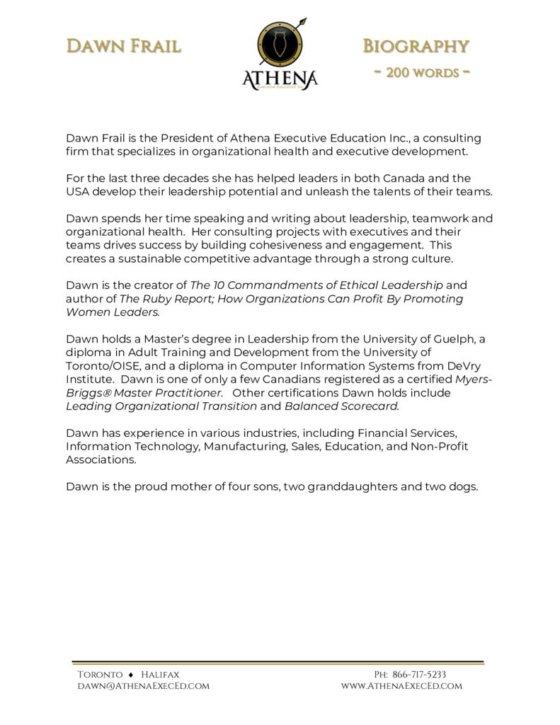 Dawn Bio – 200 words – 2023 | Athena Executive Education Inc.