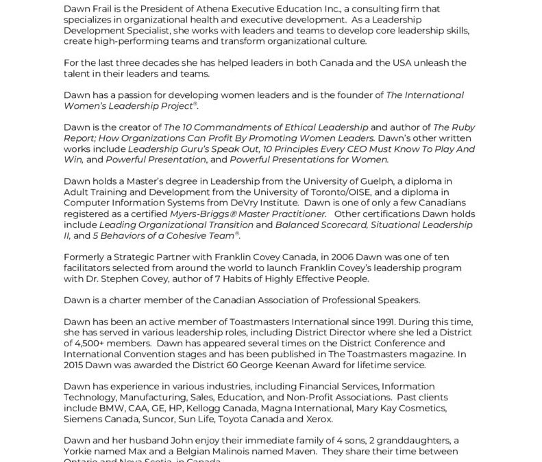 Dawn Bio – 400 words – 2023 | Athena Executive Education Inc.