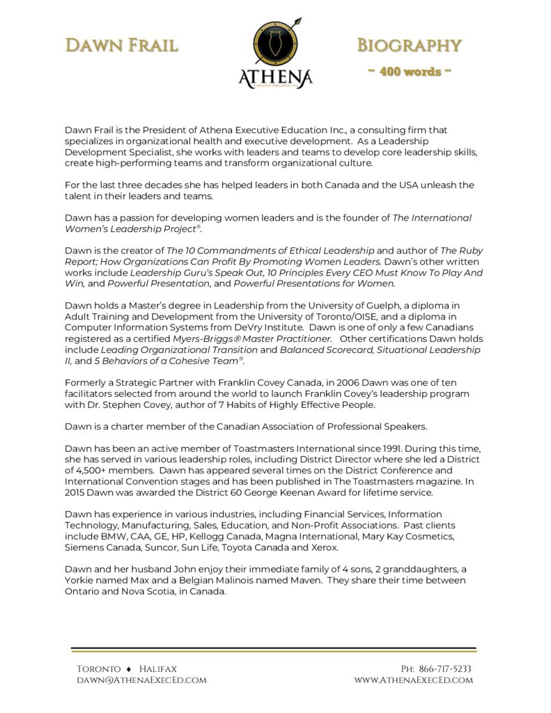 Dawn Bio – 400 words – 2023 | Athena Executive Education Inc.